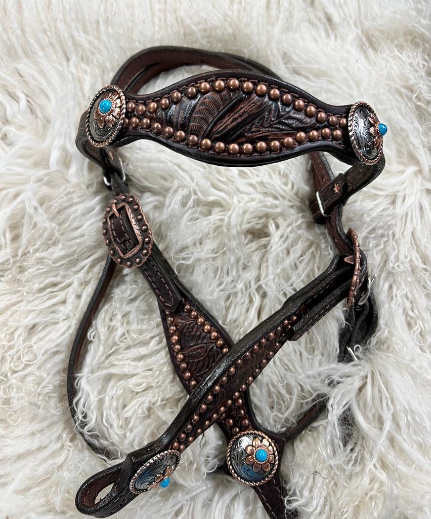 Brown floral on dark leather – Mandy's Custom Tack