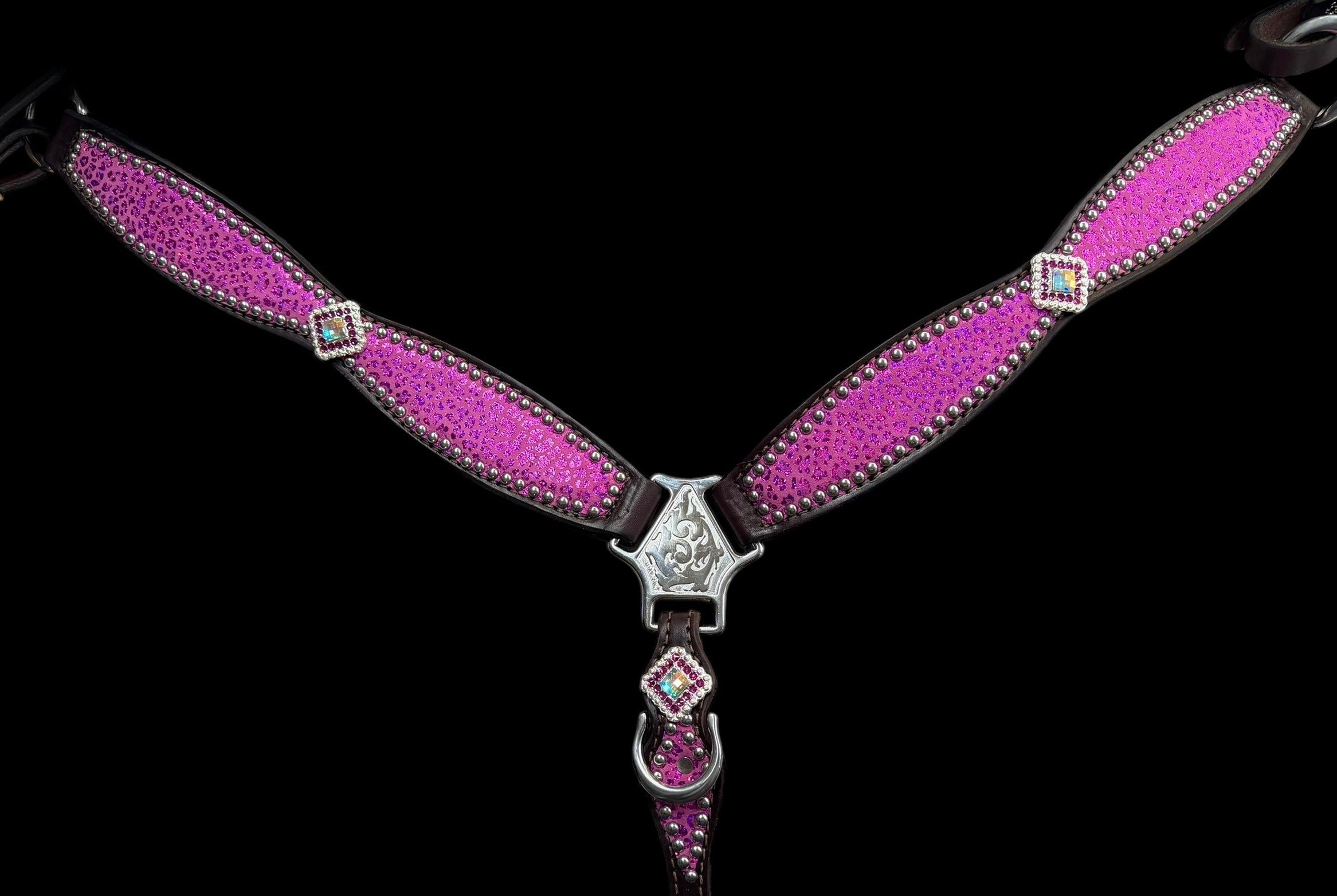 Large Pony Pink leopard on dark leather – Mandy's Custom Tack